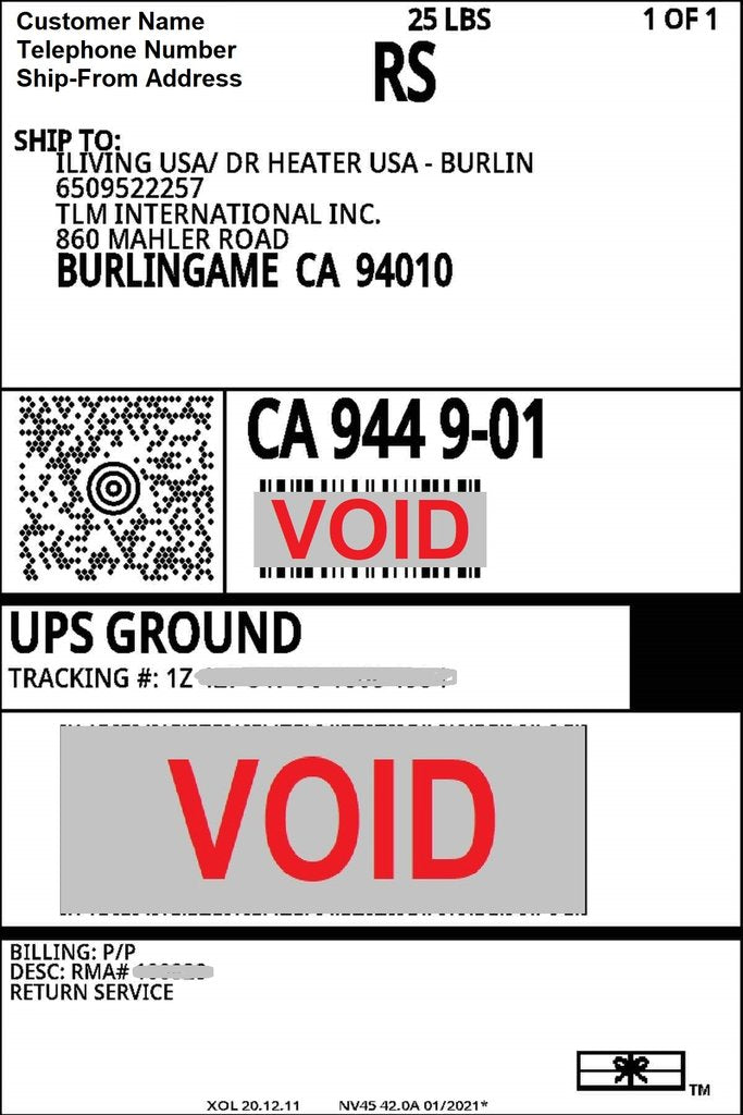Return Service Label – Dr. Infrared Heater